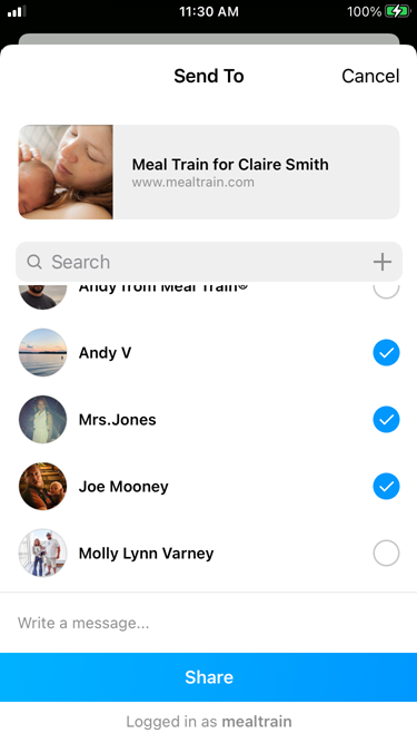 Invite: Mail, Text, AirDrop, Instagram, WhatsApp, Slack, Facebook and ...