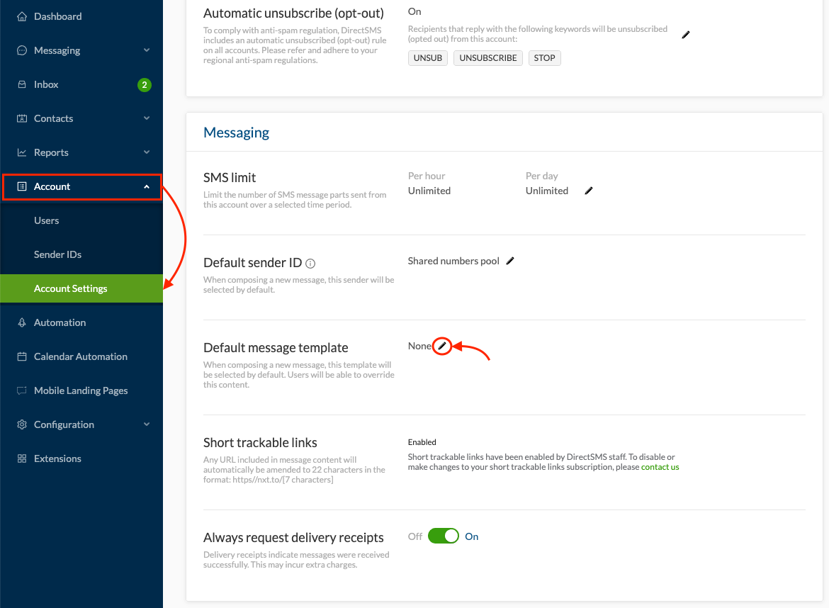 Default Message Template – Direct SMS