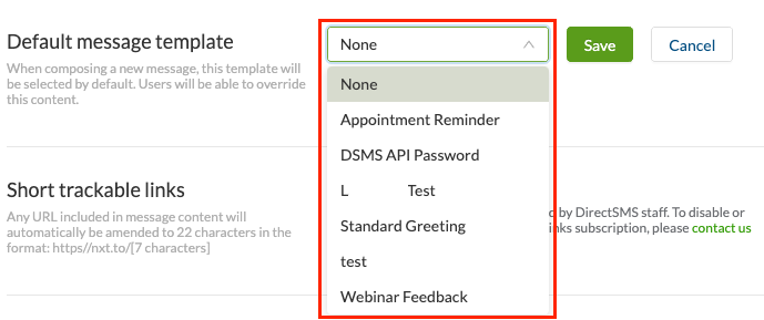 Default Message Template – Direct SMS