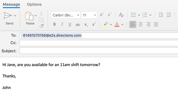 Sending a message via Email to SMS – Direct SMS