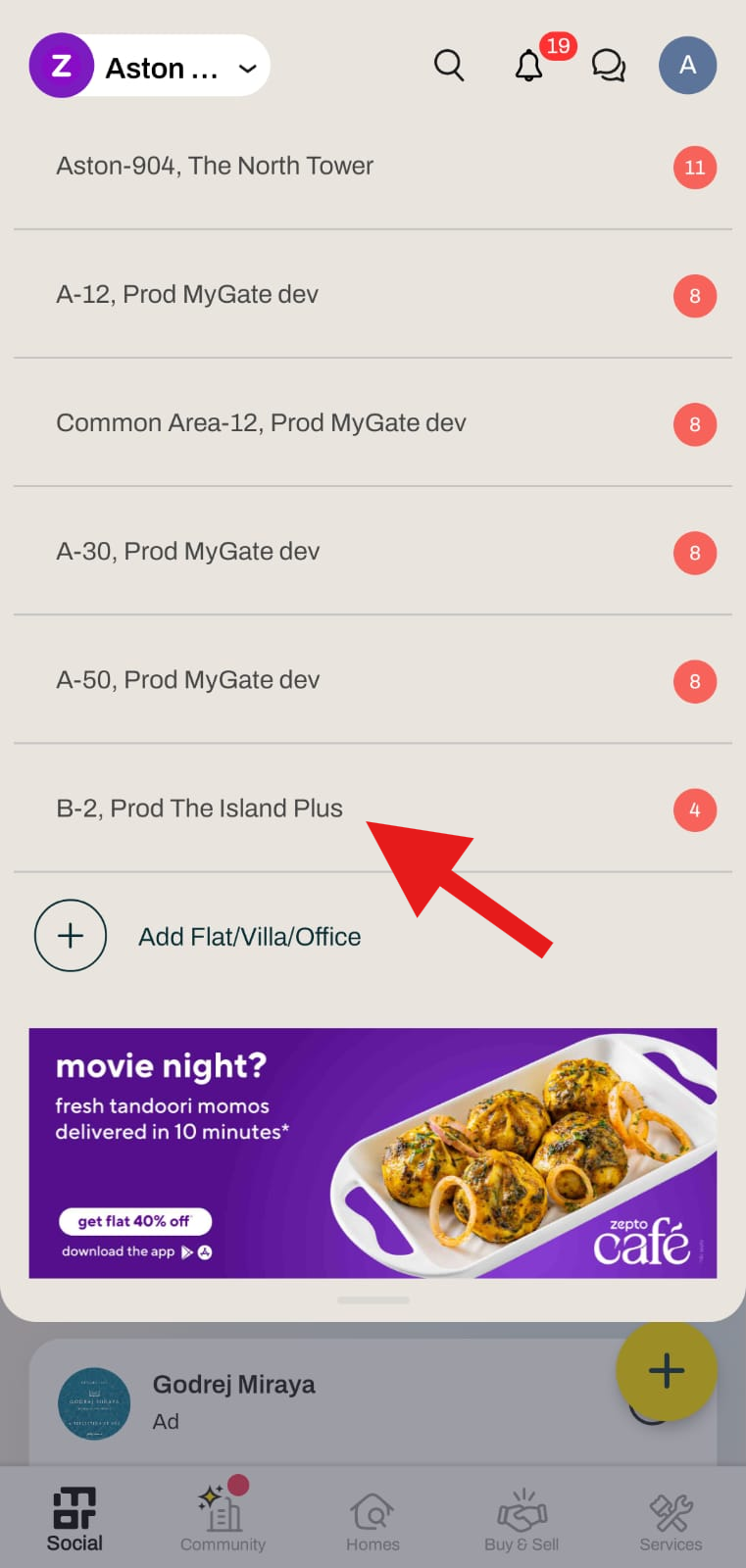 How to switch flat in the application ? | Mygate