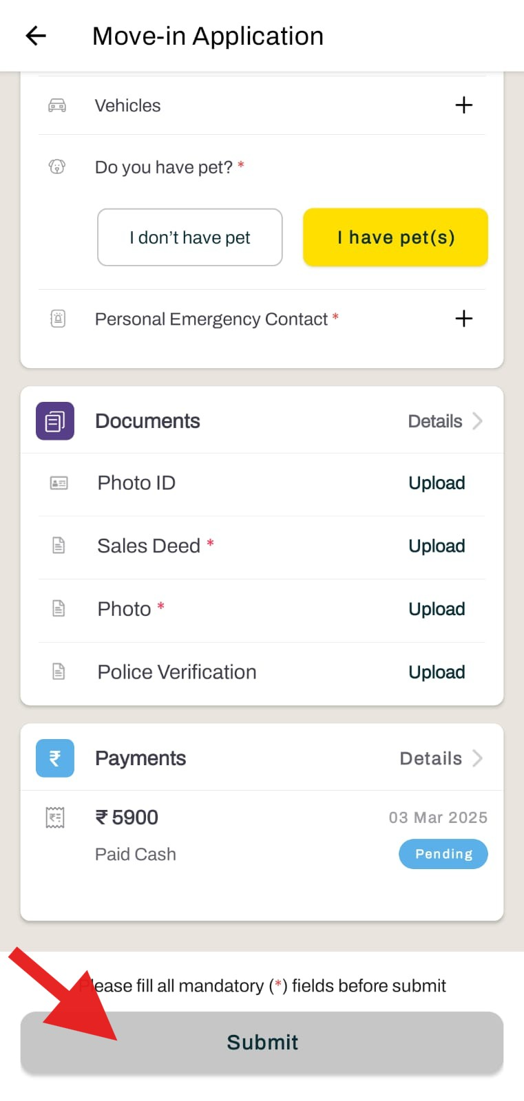 How can I raise move-in request from the application? | Mygate