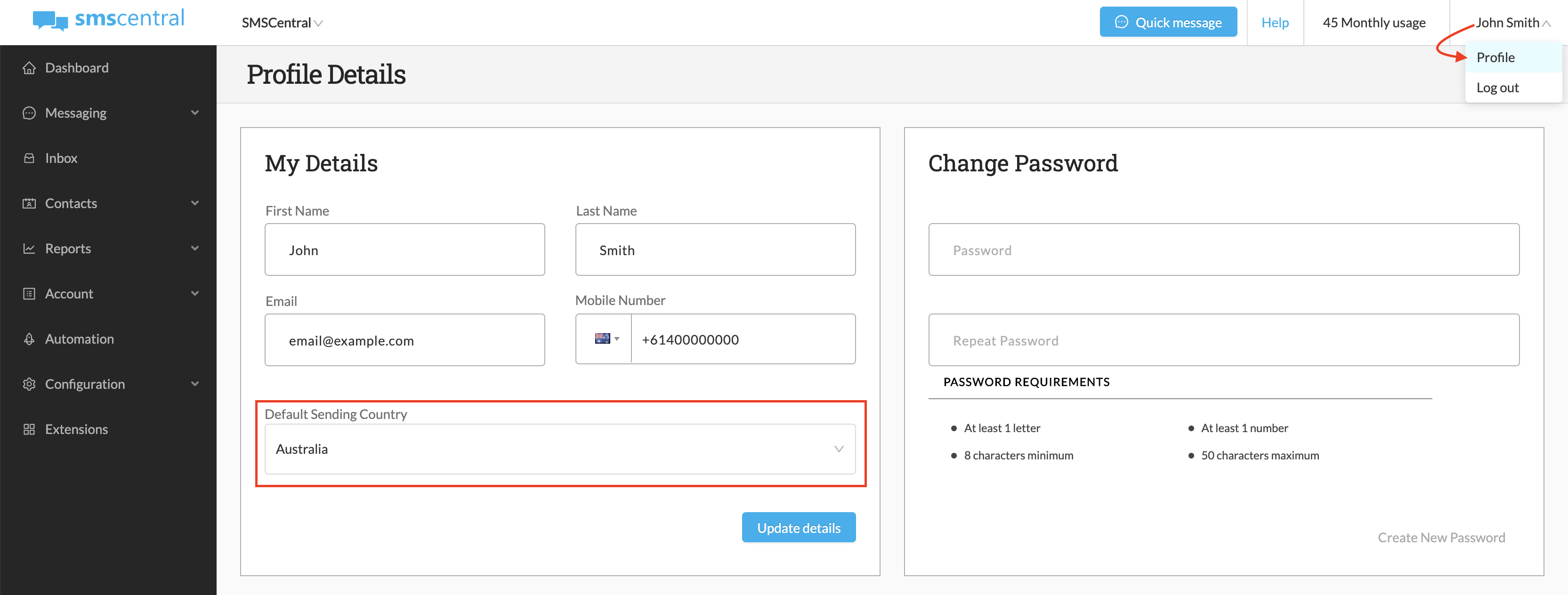 Updating the Default Sending Country – SMS Central