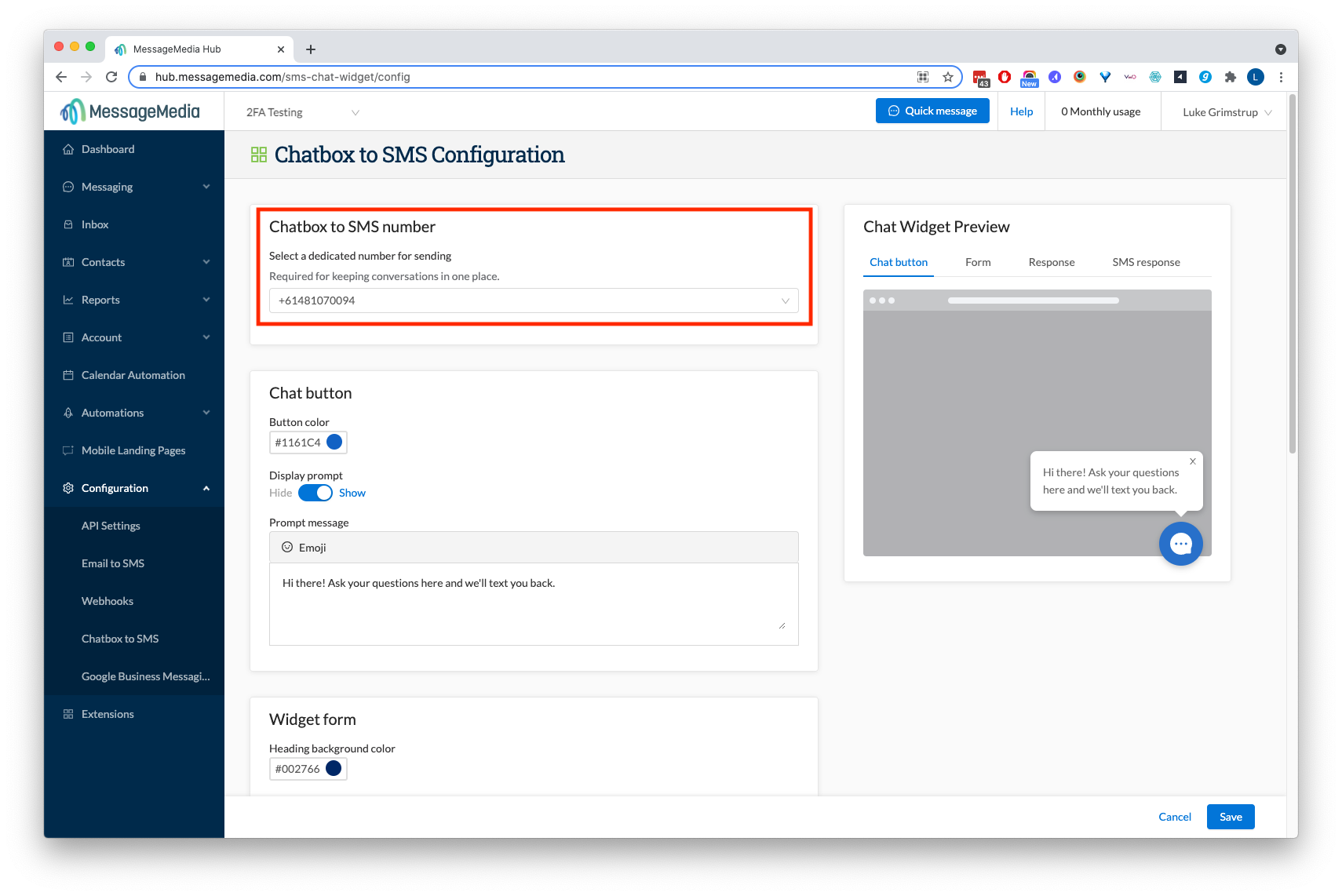 Configuring Chatbox to SMS – Sinch MessageMedia