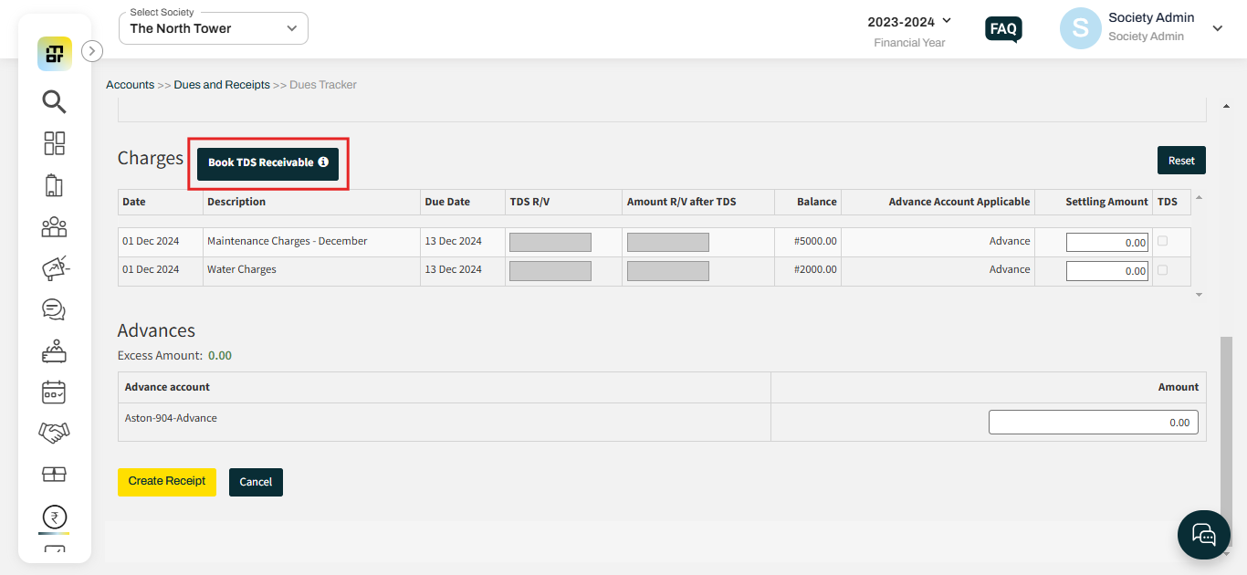 How to record the receipt where the resident has made payment deducting ...