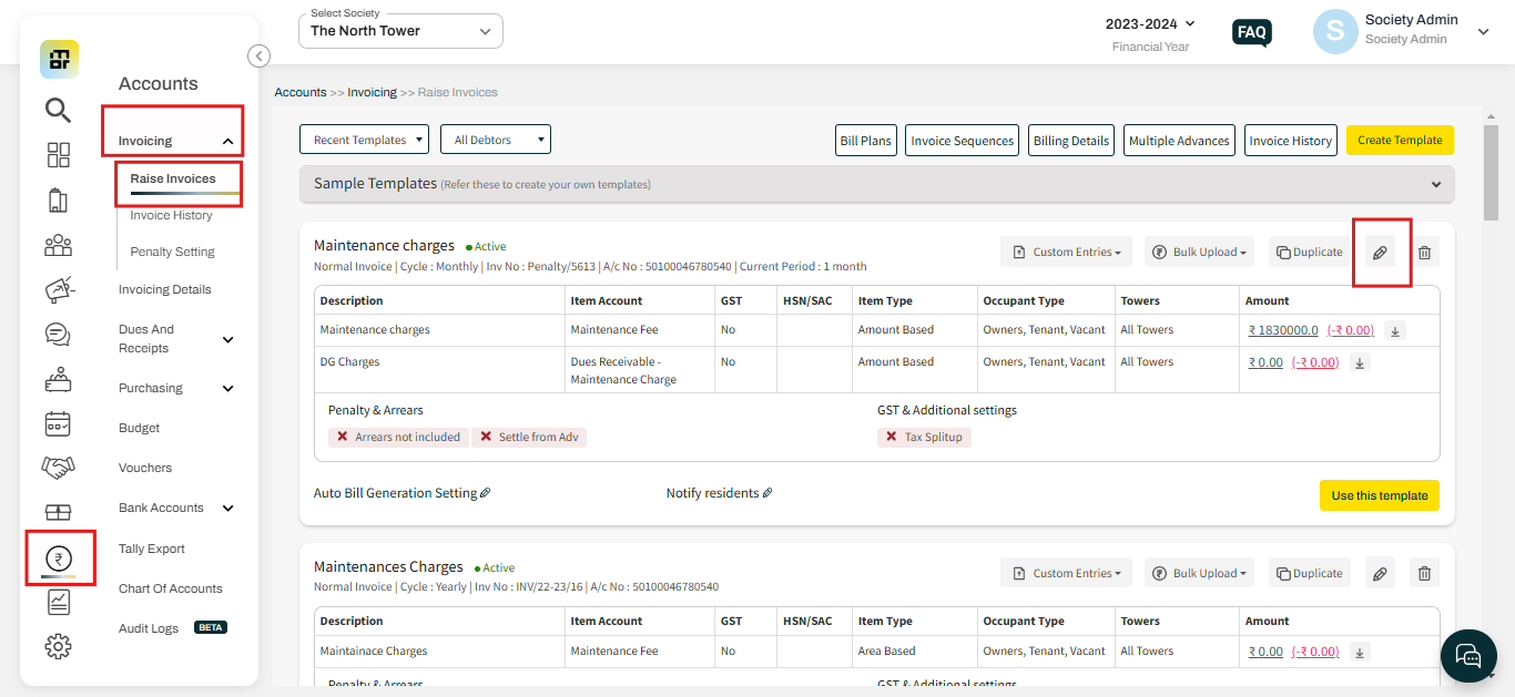 What is "Applicable Members" section in an invoice template? | MyGate Admin