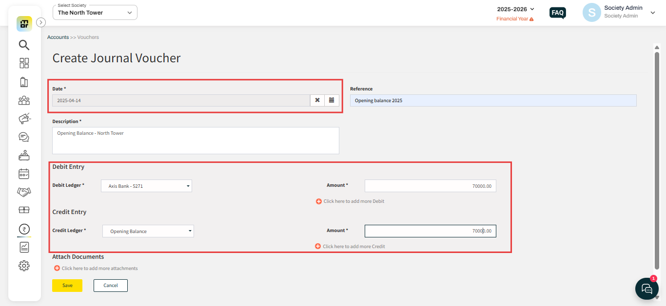 How to create a opening balance journal voucher? | MyGate Admin