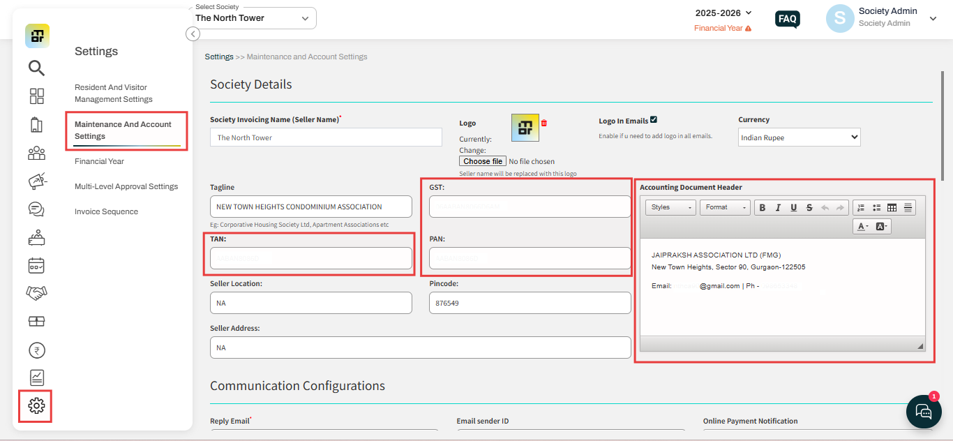 How do I update the society name, address, etc. appearing in invoices ...