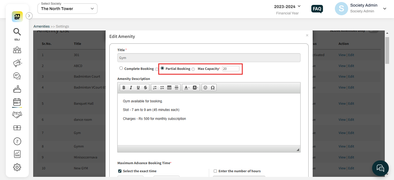What is complete booking and partial booking section under edit amenity ...