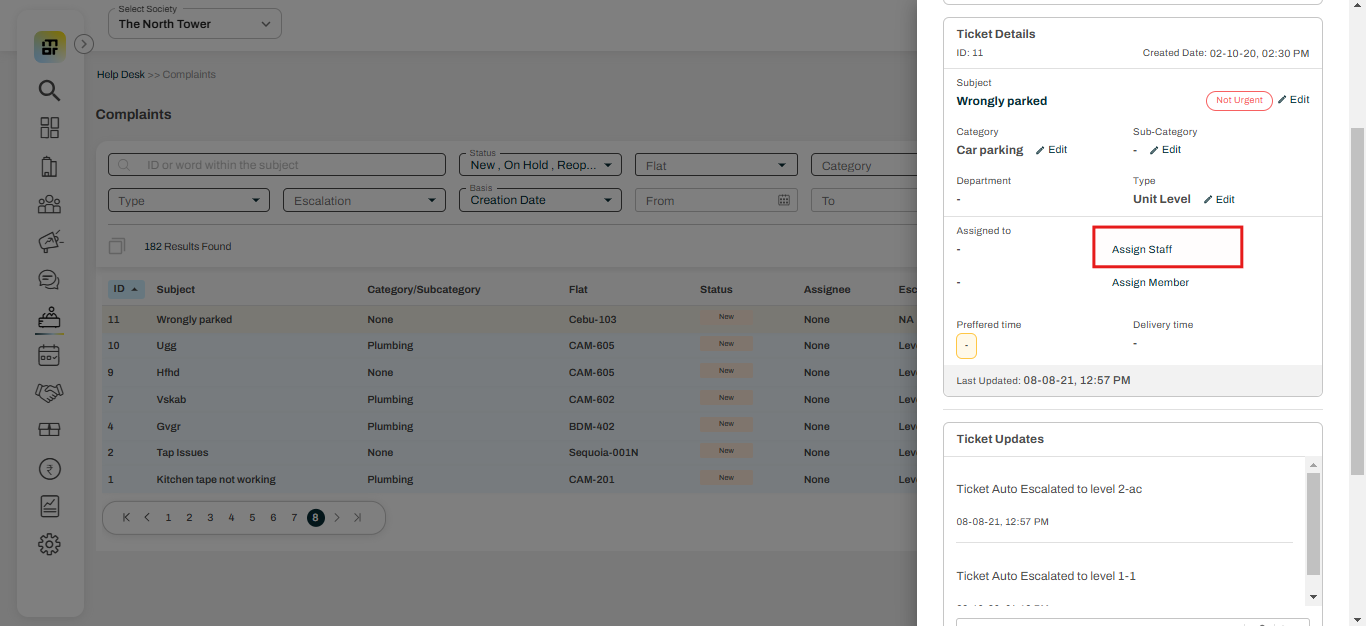What are the steps to manually assign helpdesk tickets to staff? | MyGate Admin