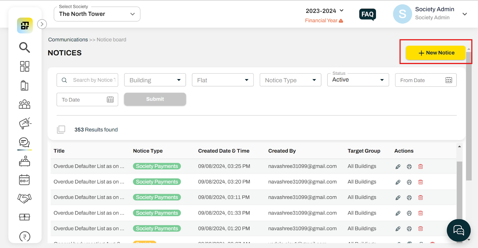How can I send a notice to a specific building? | MyGate Admin