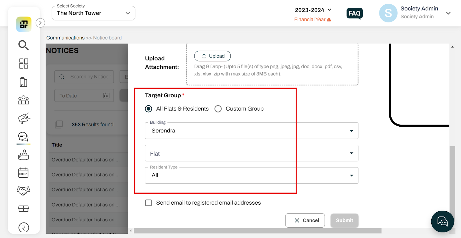 How can I send a notice to a specific building? | MyGate Admin