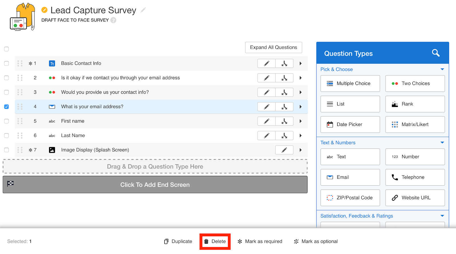 Deleting Questions | QuickTapSurvey