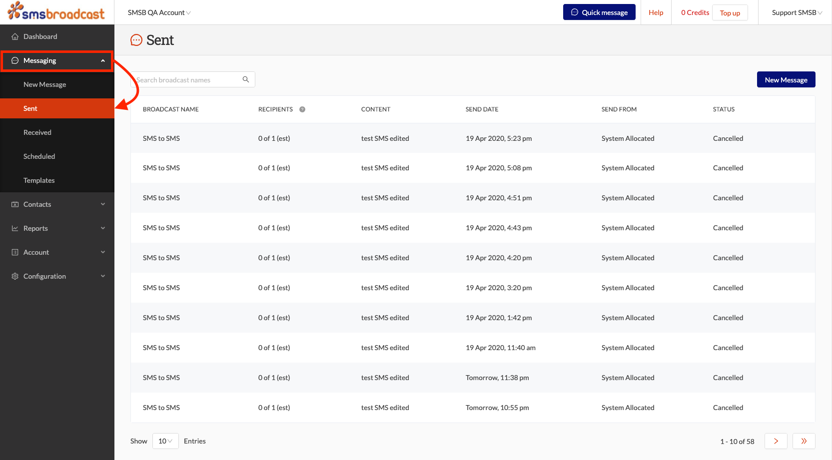 How to view sent messages – SMSB