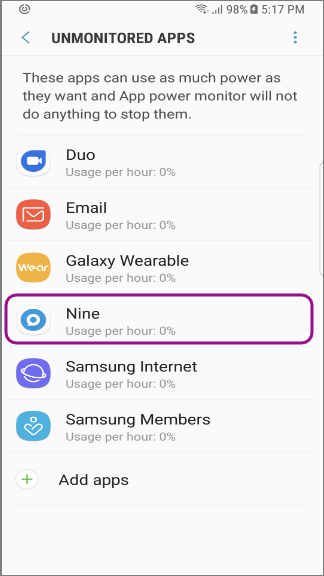 How to register Nine app to the Unmonitored Apps | Android - FAQ