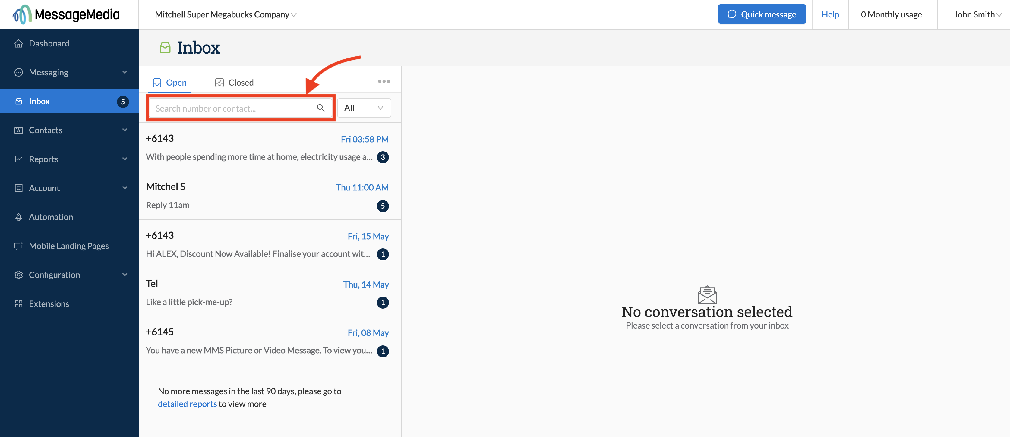 Can I search for specific numbers and contacts in the inbox? | Notify Now