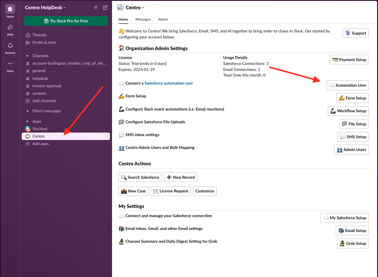 When and how to connect a Centro Salesforce Automation User? | Centro