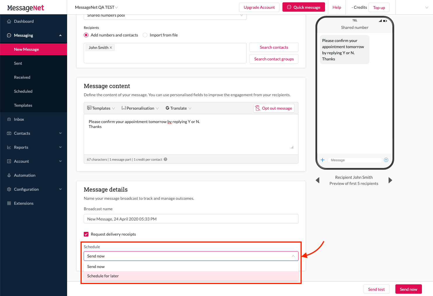 Scheduling messages – MessageNet