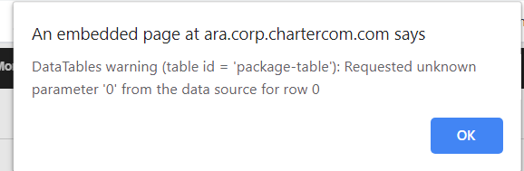 'DataTables warning (table id = 'package-table'): Requested unknown parameter '0' from the data ...