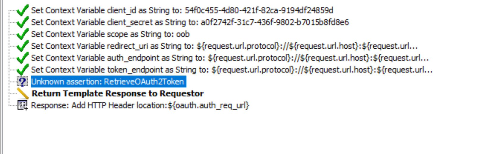 RetrieveOauthToken Assertion outputs missing parameters | Layer7 API Management