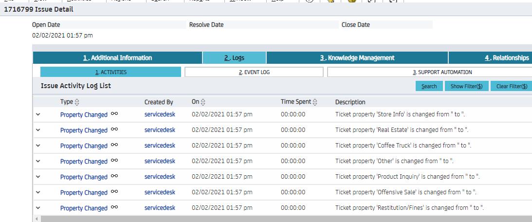 Issue Ticket Type - Activity Logs Show Entry for Every Property on the ...