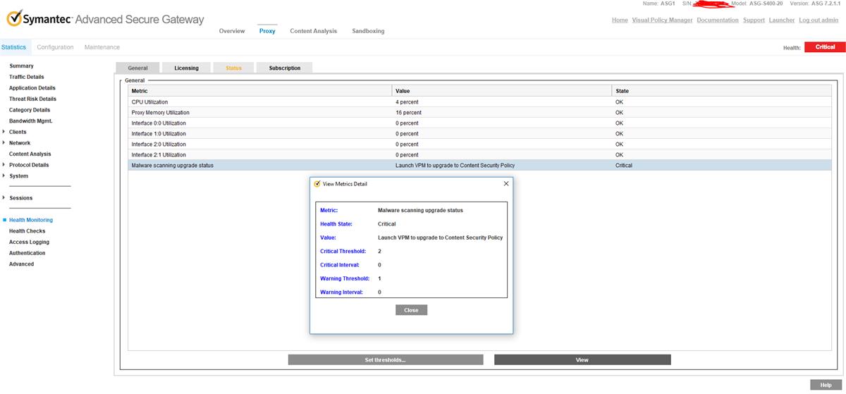 ASG: health - critical : malware scanning upgrade status | ProxySG ...