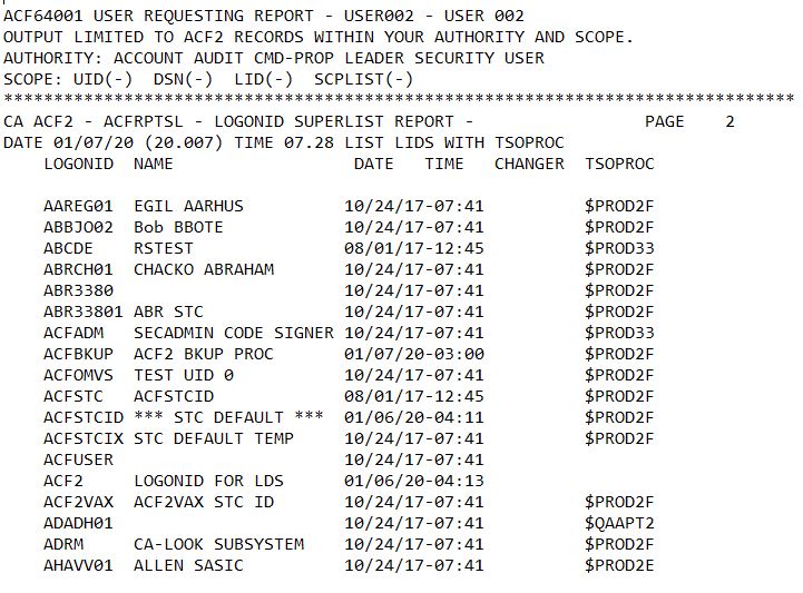 List of User Logon IDs in mainframe acf2 | ACF2