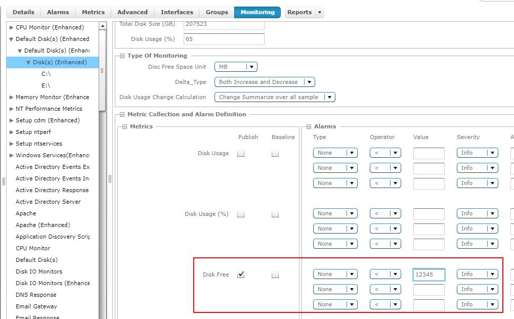 MCS Disk Free Alarm Metrics | DX Unified Infrastructure Management