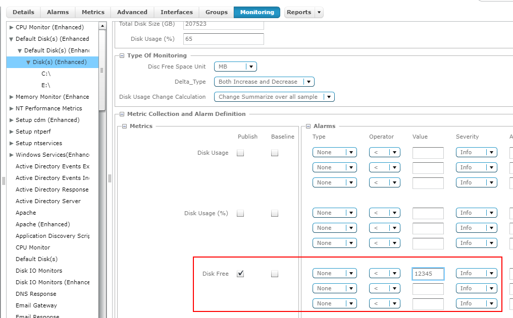 MCS Disk Free Alarm Metrics | DX Unified Infrastructure Management