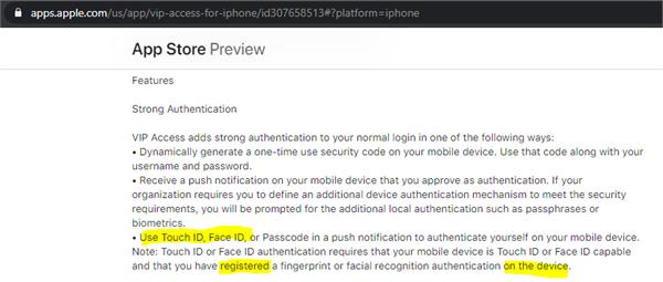 VIP Access mobile app support TouchID or FaceID ? | VIP (Validation ID ...