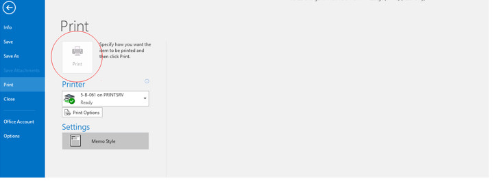 Grayed-out print button in Outlook 2016