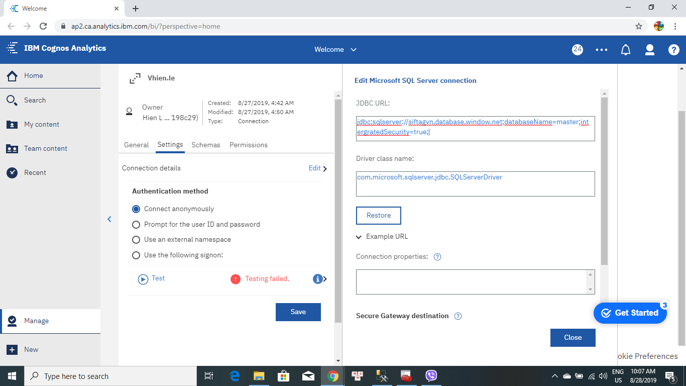 Connect to Sql Azure Server | Cognos Analytics