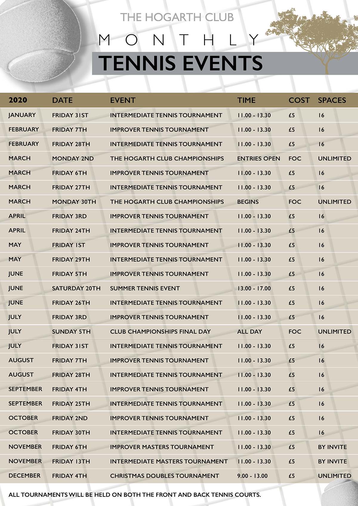 Tennis Timetables | The Hogarth Club | Chiswick | West London