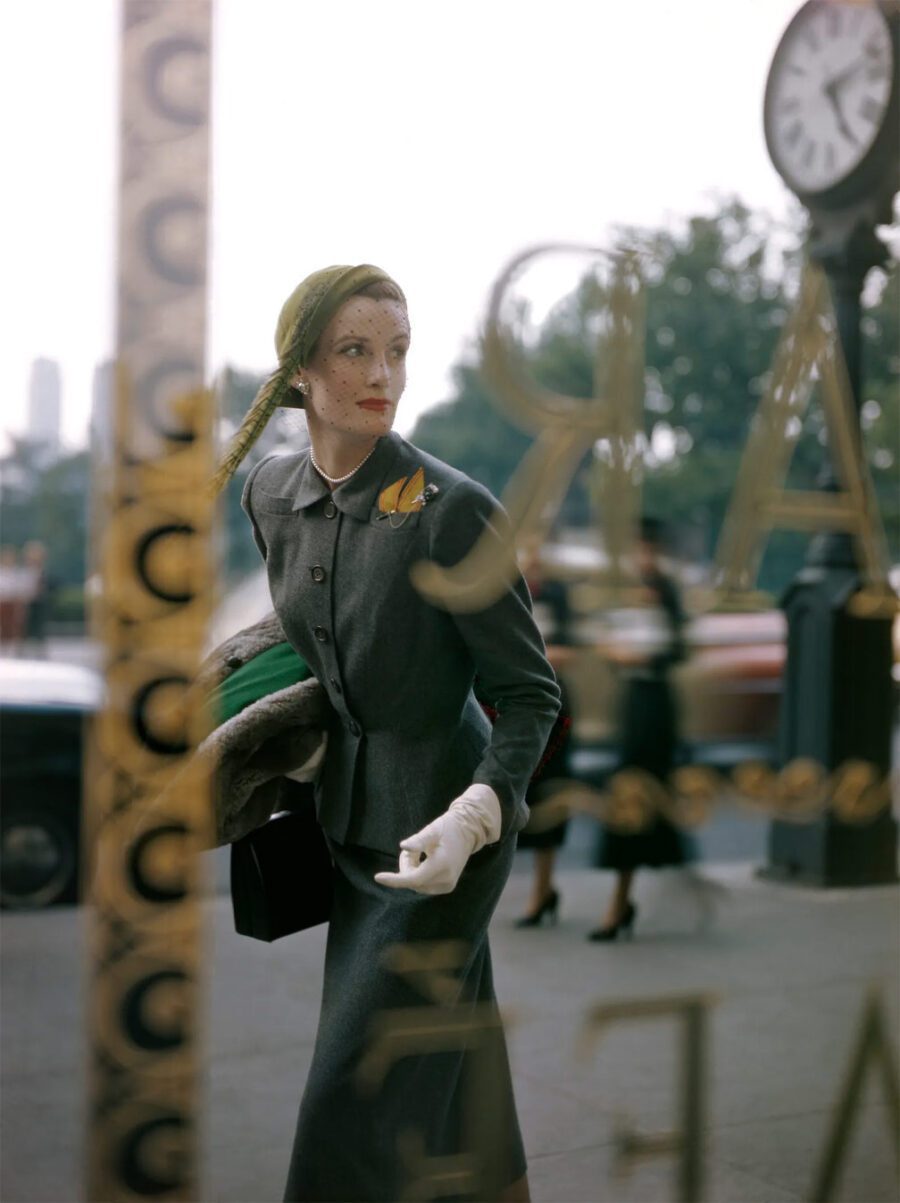 Wenda Parkinson wearing a grey flannel suit and lime-green cap by ...