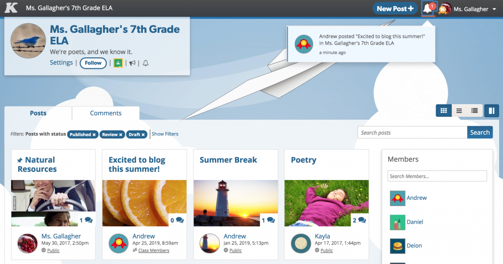Notifications about class publishing activity – Kidblog
