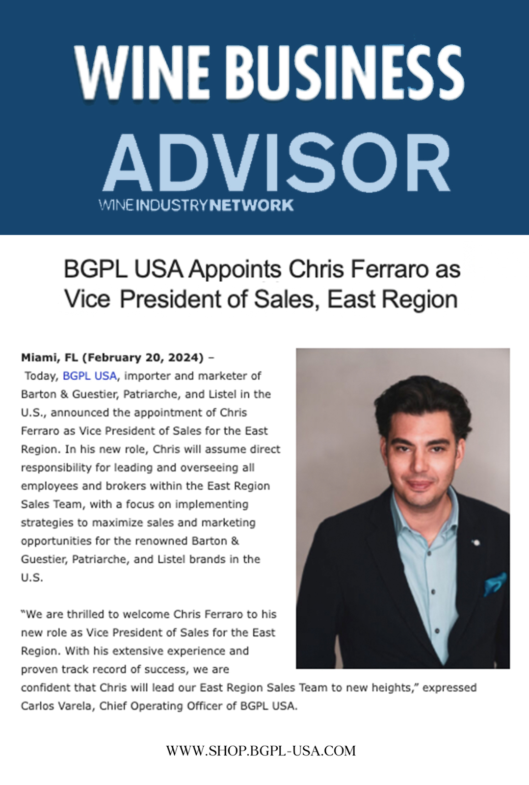 BGPL USA Appoints Chris Ferraro as Vice President of Sales, East Region ...