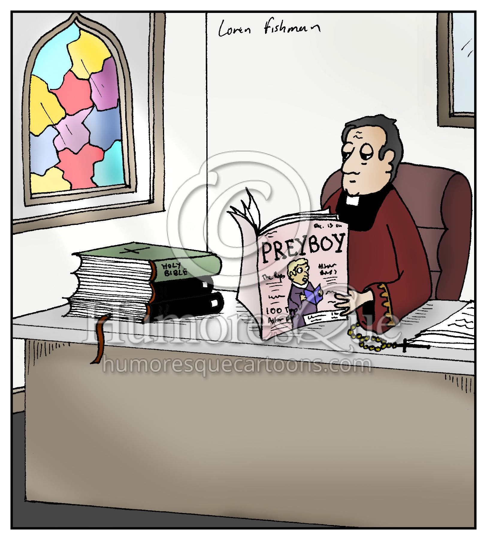 Cartoon: A Catholic priest reading a magazine called "Preyboy ...