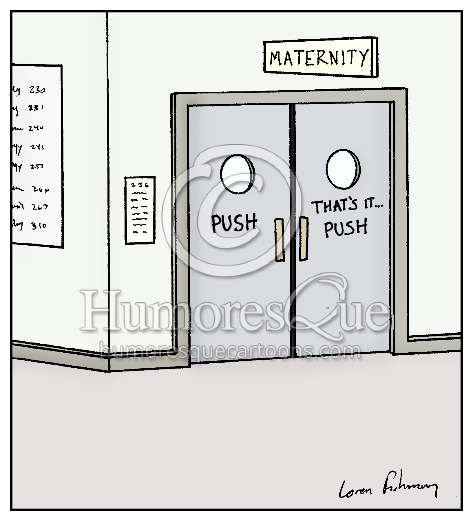 Cartoon: Maternity Doors: "Push. That's it. Push." - Humoresque Cartoons