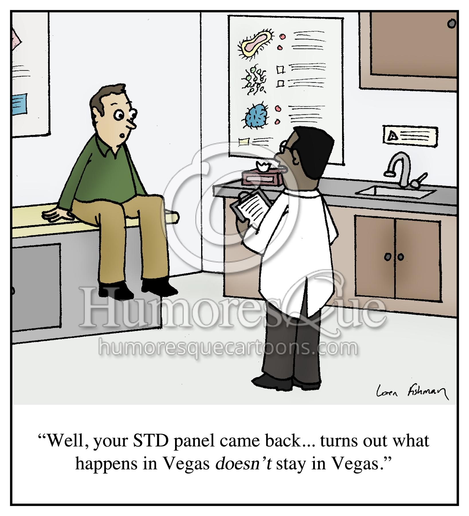 Cartoon: "Well, your STD panel came back. Turns out what happens in ...