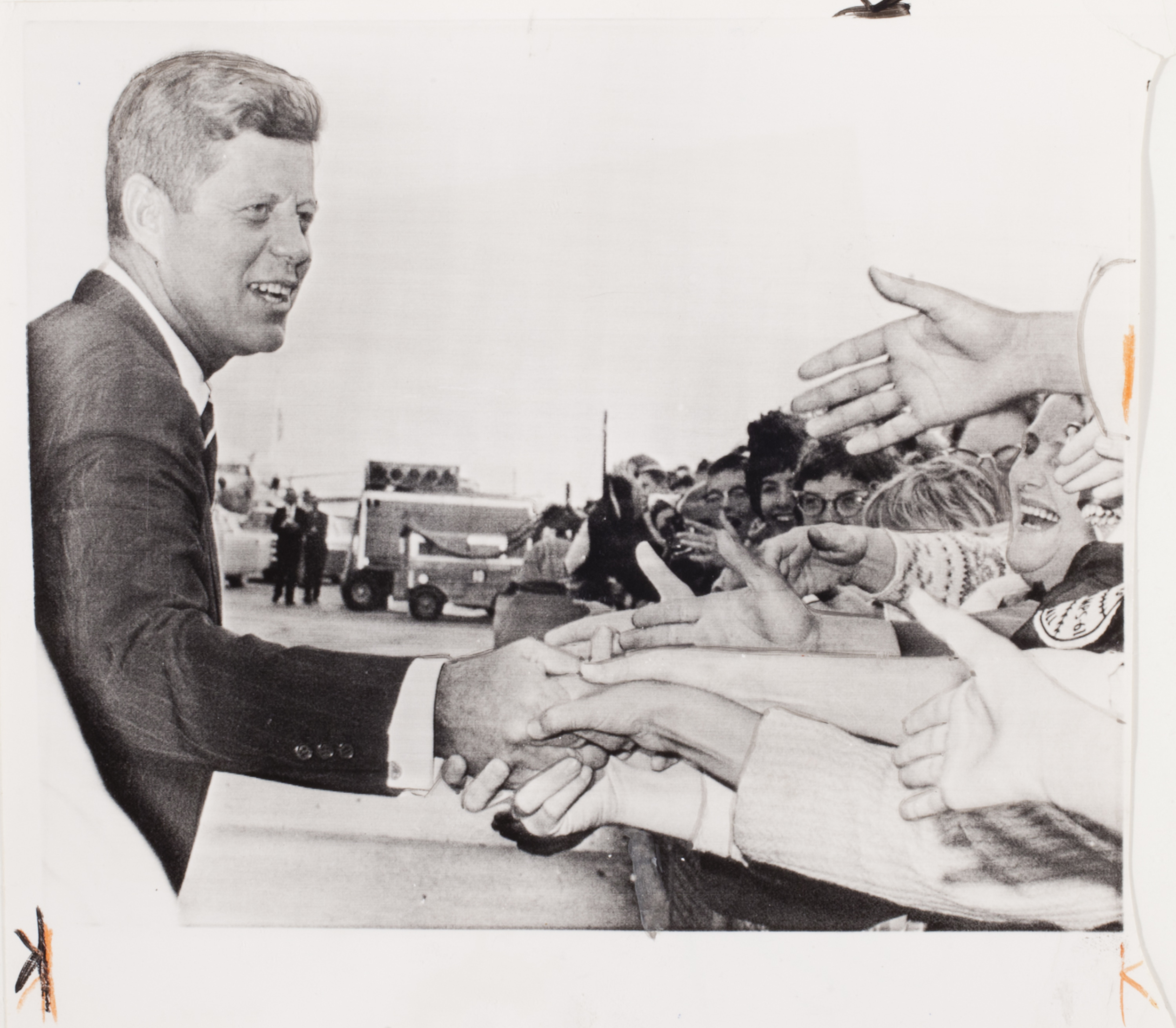 [John F. Kennedy shaking hands during tour of western states ...