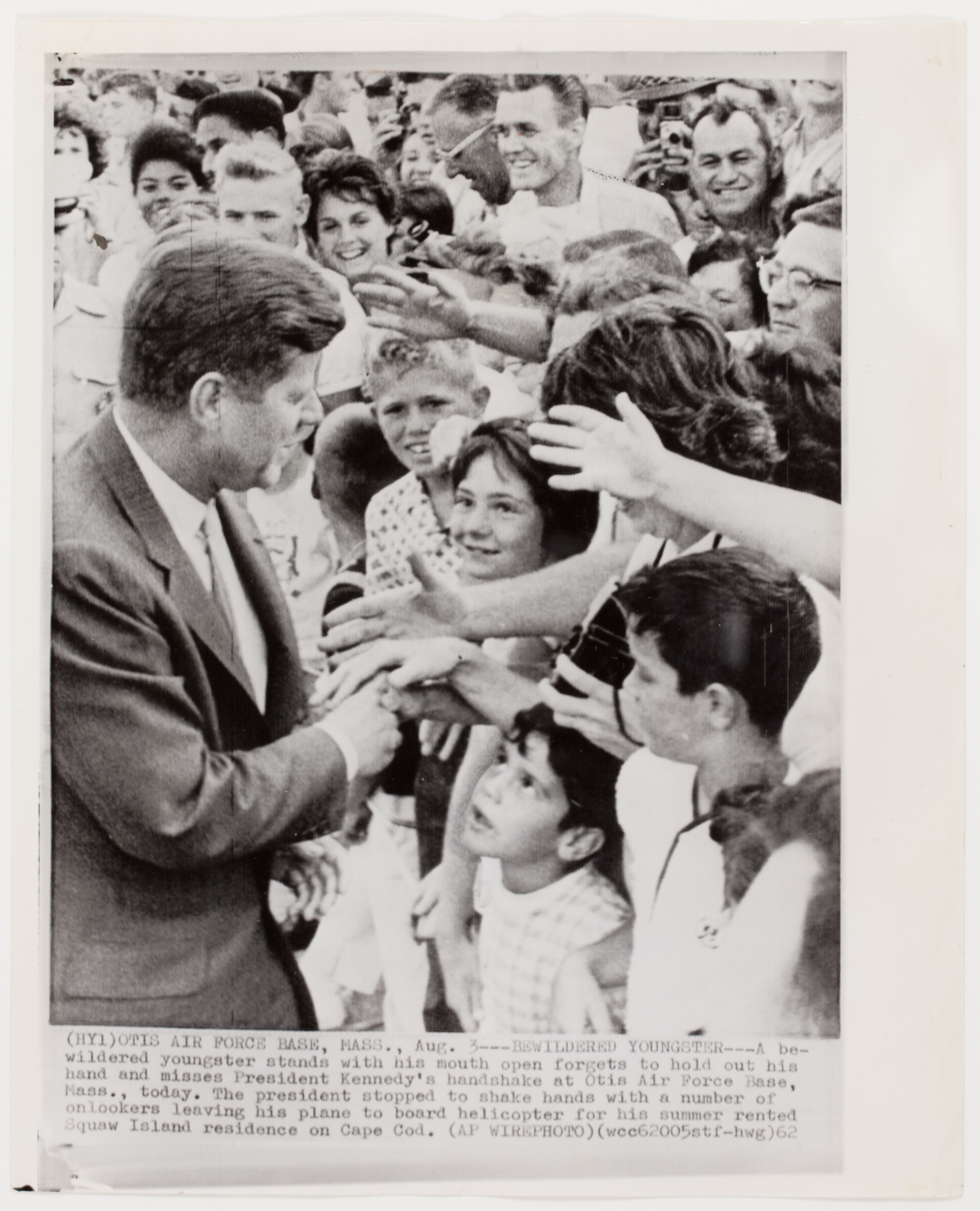[President John F. Kennedy shaking hands at the Otis Air Force Base ...
