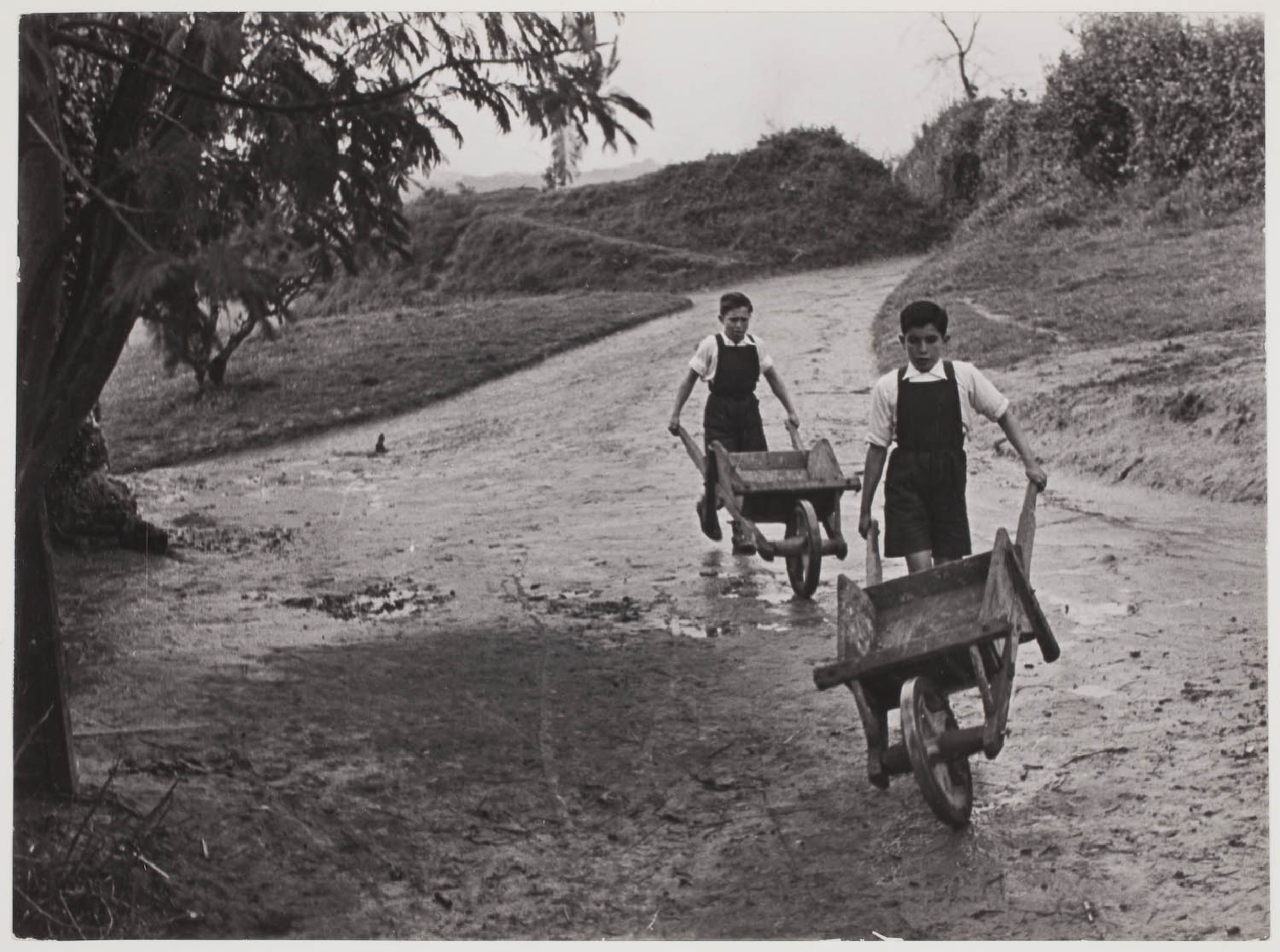 [Two young boy refugees pushing wheelbarrows on a muddy road, near ...