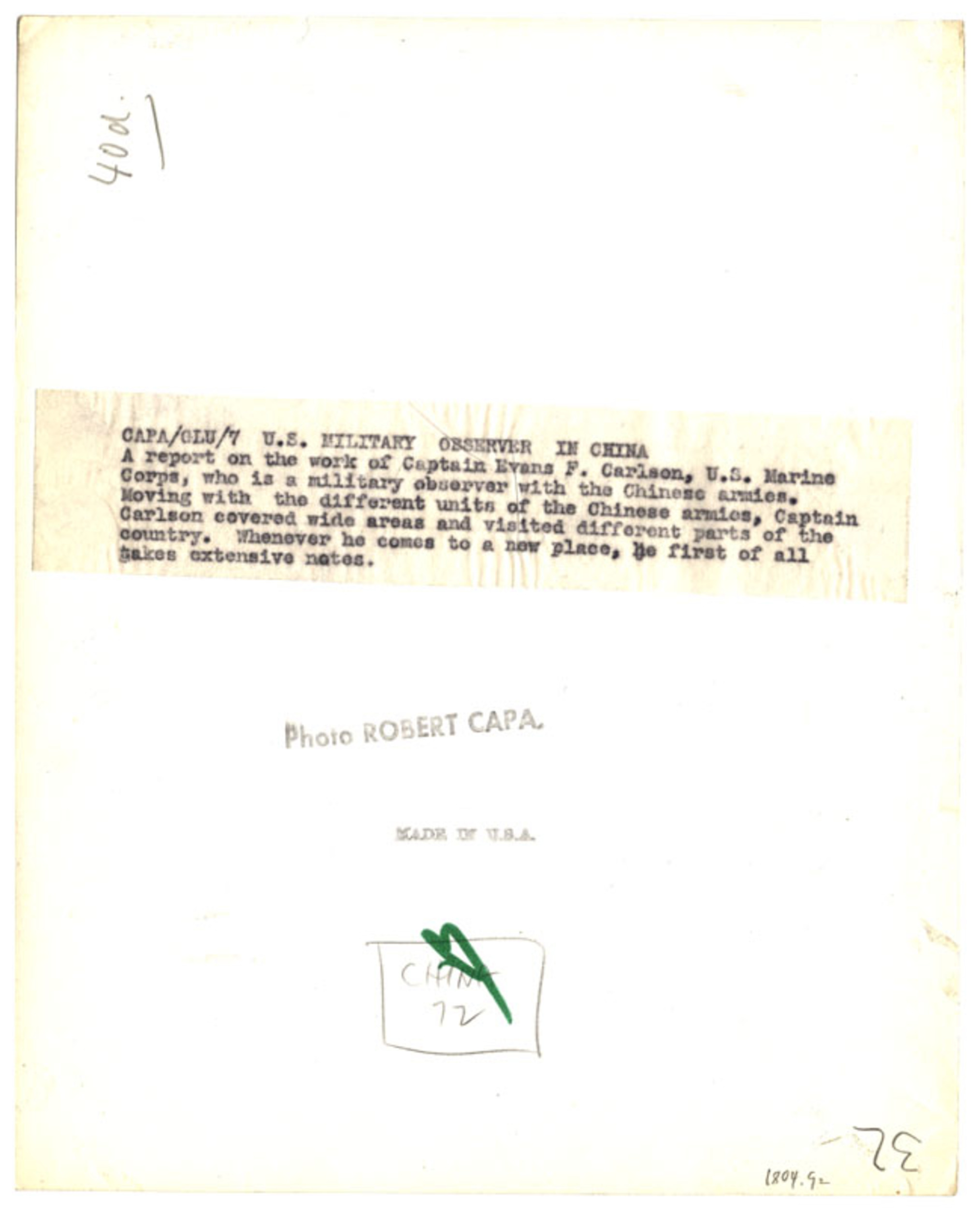 [U.S. military observer Evans Fordyce Carlson writing, China ...