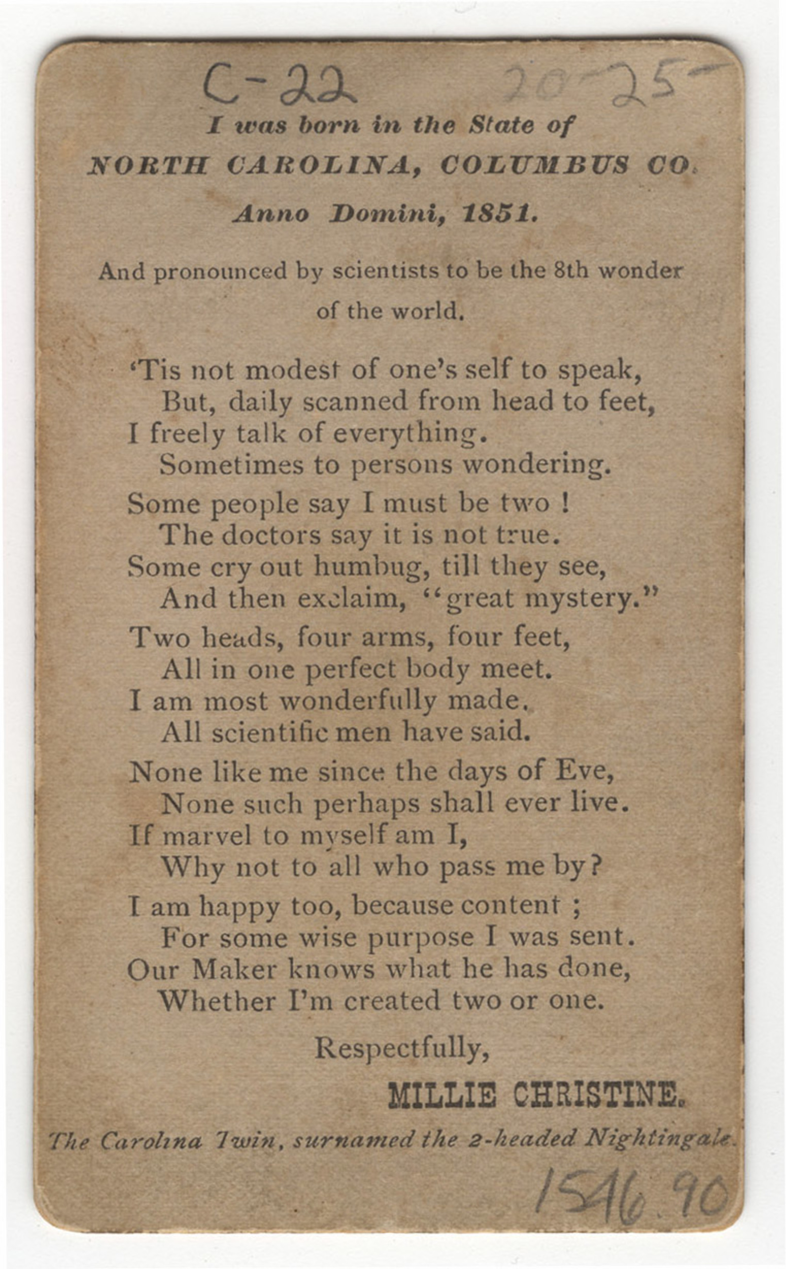 Millie Christine: The Carolina Twin, surnamed the 2-headed Nightingale ...