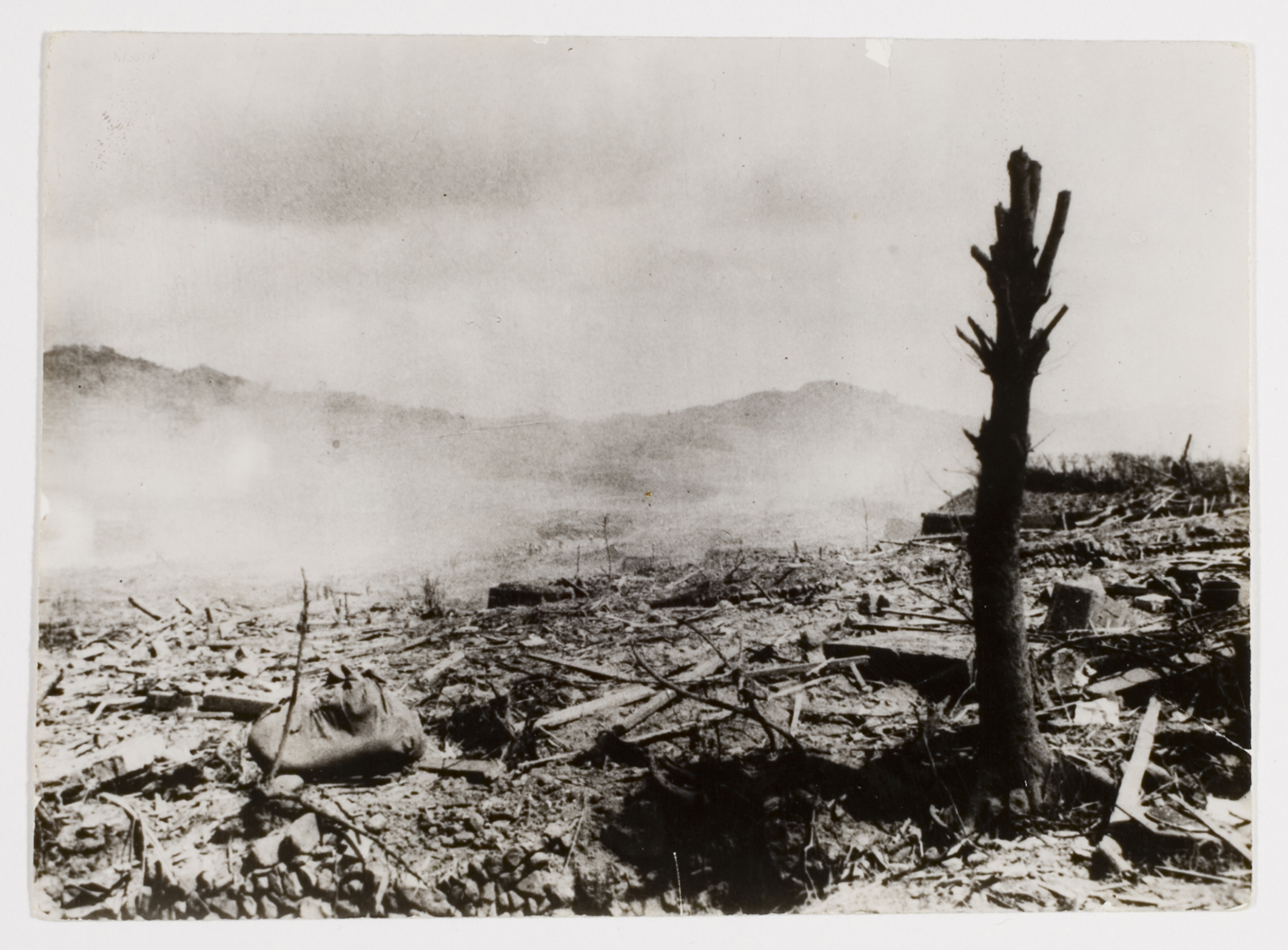 [Lone tree trunk in decimated landscape following atomic bomb blast ...