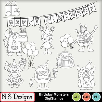 Digital Scrapbooking Kits | Birthday Monsters DigiStamps-(NSD ...
