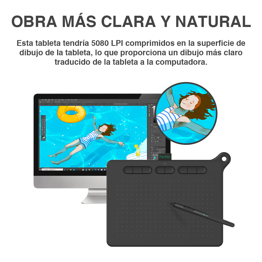 PARBLO Tableta Gráfica Parblo Ninos M Black con Funda y Guante ...