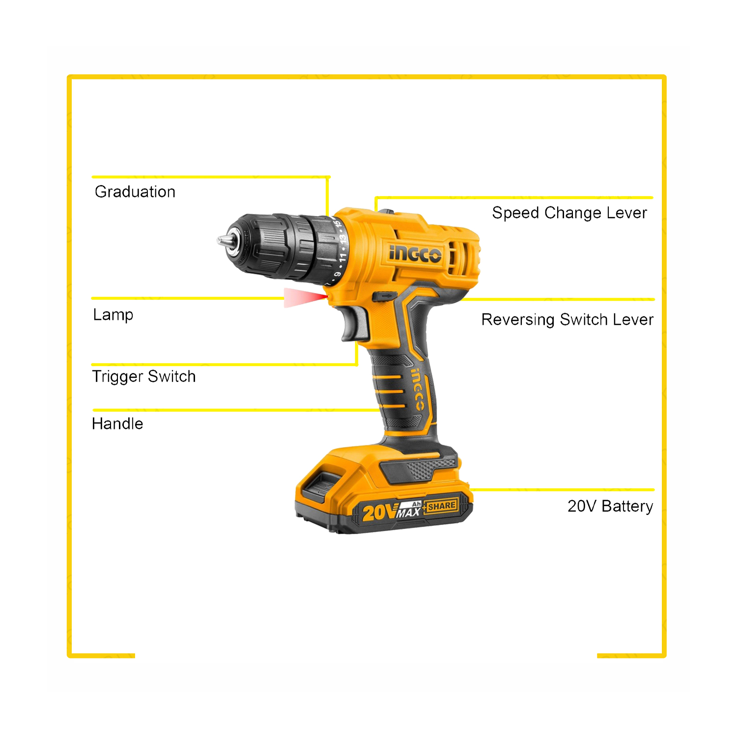 TALADRO INGCO ATORNILLADOR INALAMBRICO 3/8'' 20V INDUSTRIAL CDLI20011