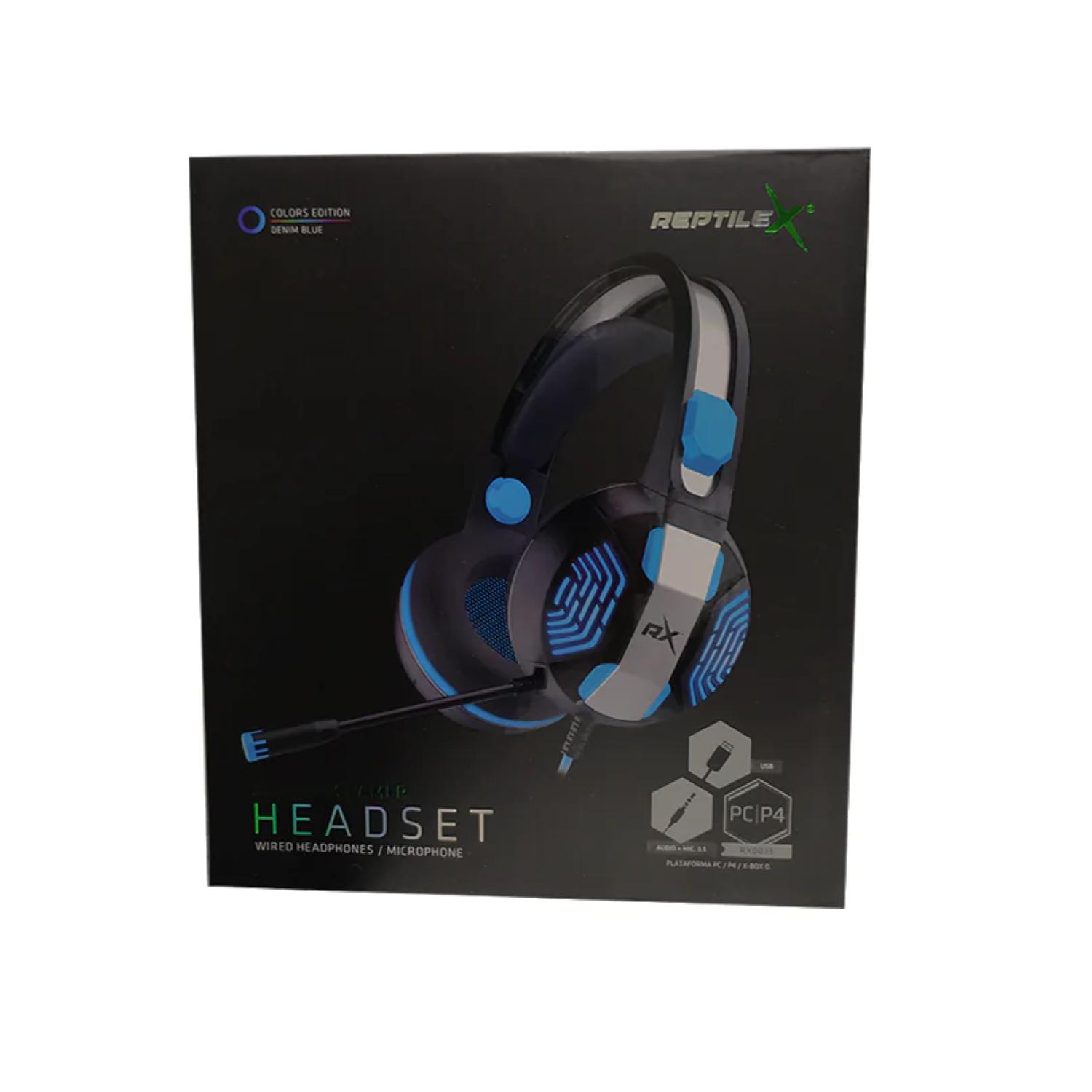 Ripley - AUDIFONO GAMER JACK USB LED PS4 XBOX PC GRIS AZUL REPTILEX