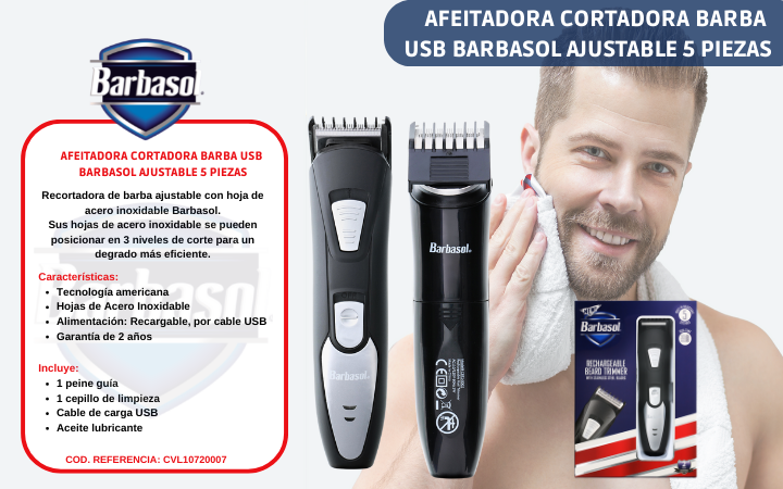 BARBASOL Afeitadora cortadora barba USB Barbasol ajustable 5 piezas ...